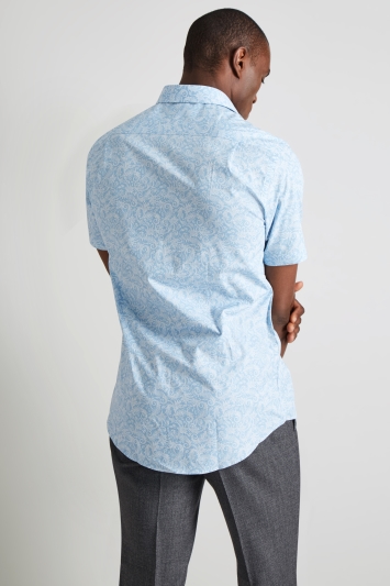 Moss Esq. Regular Fit Blue Short Sleeve Paisley Print Shirt