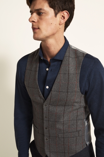 Moss 1851 Tailored Fit Grey Multi Check Waistcoat
