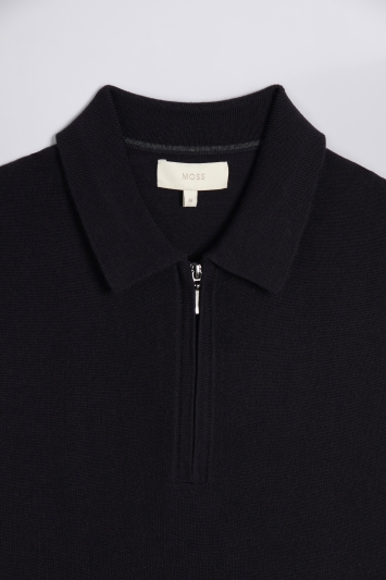 Navy Merino Zip-Neck Polo Shirt