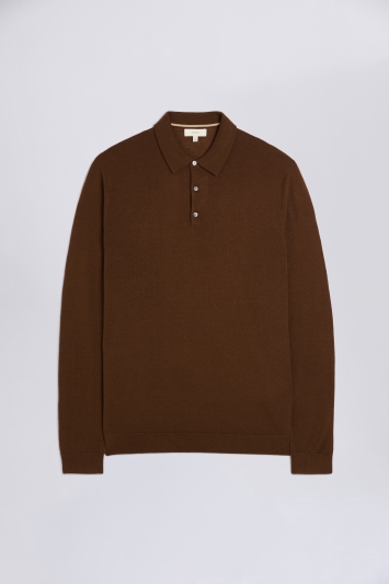 Dark Blue Merino-Blend Long-Sleeve Polo Shirt